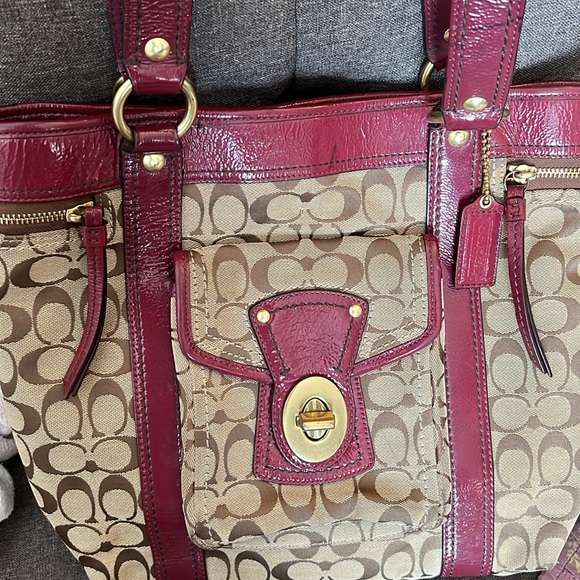 Coach | Bags | Coach Burgundy Sig Jacquard Large Shoulderbag | Poshmark